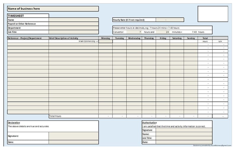 Weekly Timesheet Template (blue). Excel + Google. Time Tracking for ...