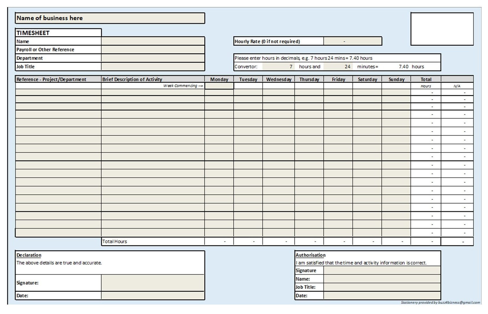 Weekly Timesheet Template (blue). Excel + Google. Time Tracking for ...