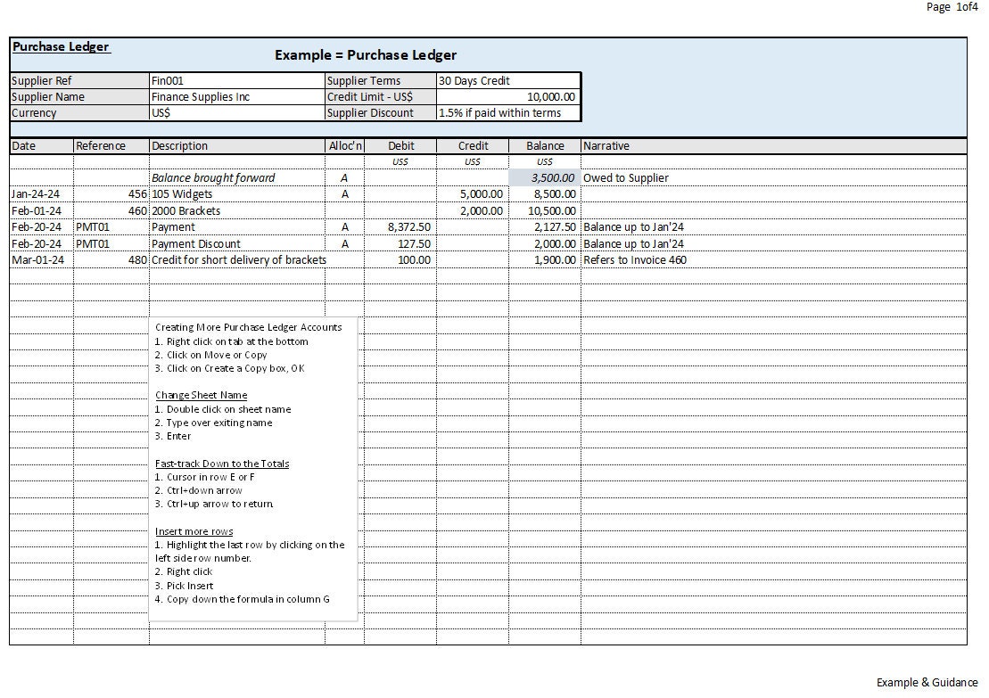 Purchase Ledger Template for Bookkeeping of Credit Purchases. Track ...