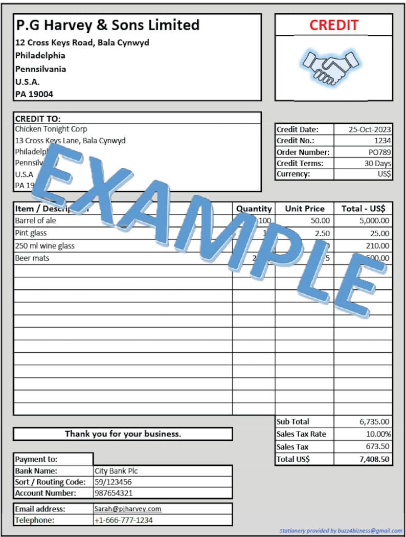 Sales Invoice & Credit Template (in Grey). Excel Format (google Sheets ...