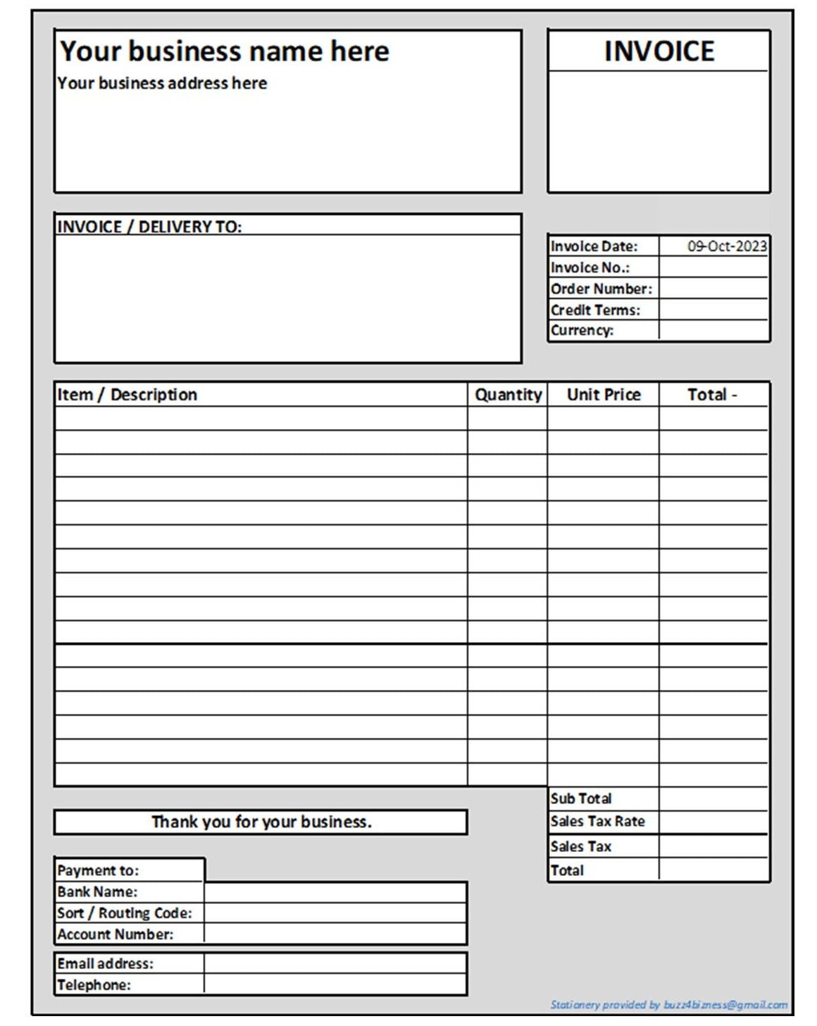 Sales Invoice & Credit Template (in Grey). Excel Format (google Sheets ...