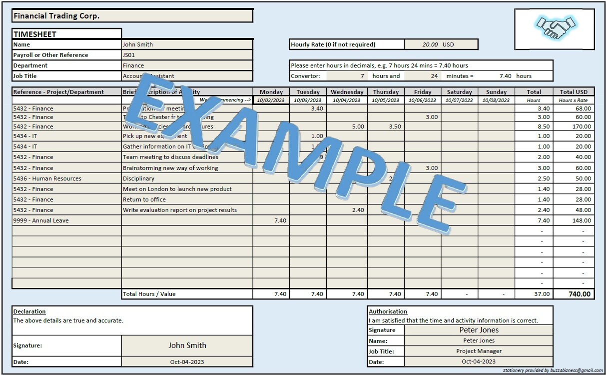Weekly Timesheet Template (blue). Excel + Google. Time Tracking for ...