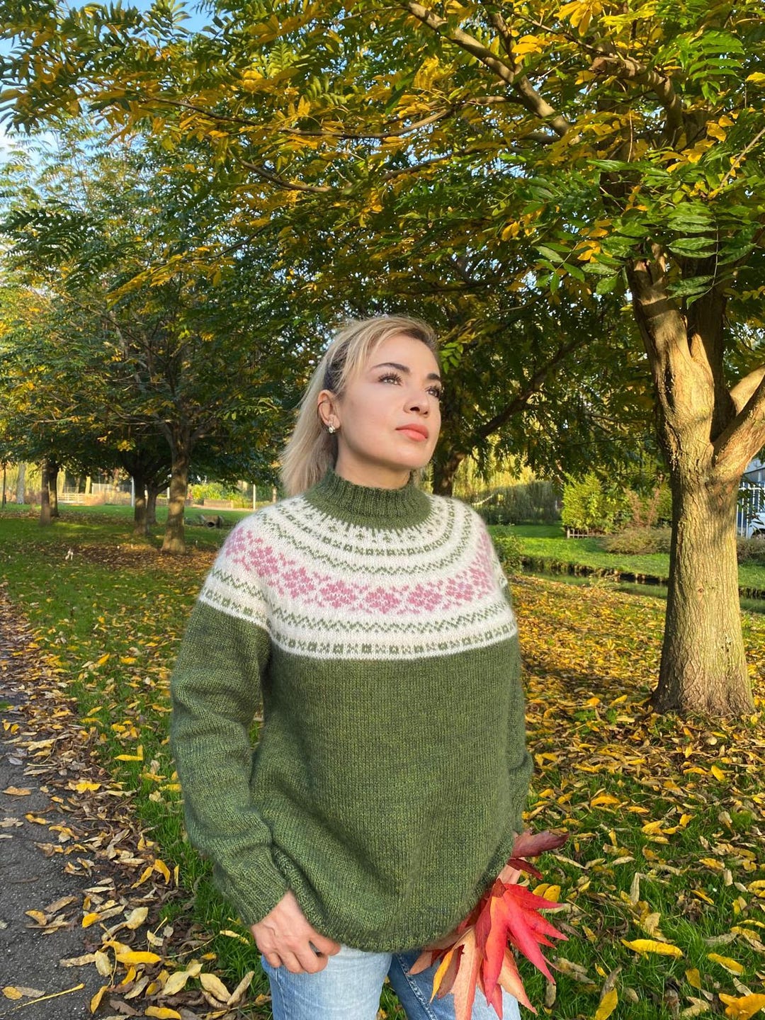 Hand-knitted Alpaca Wool Sweater – Green Fair Isle Pullover - Etsy