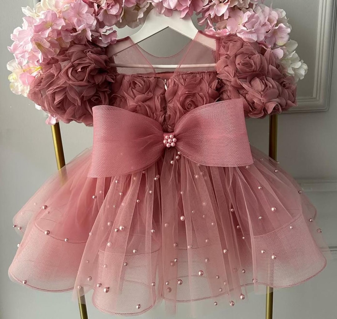 Dusty Rose Pearl Flower Girl Dress, Pink First Birthday Dress, Tutu ...