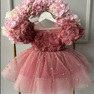 Dusty Rose Pearl Flower Girl Dress, Pink First Birthday Dress, Tutu ...