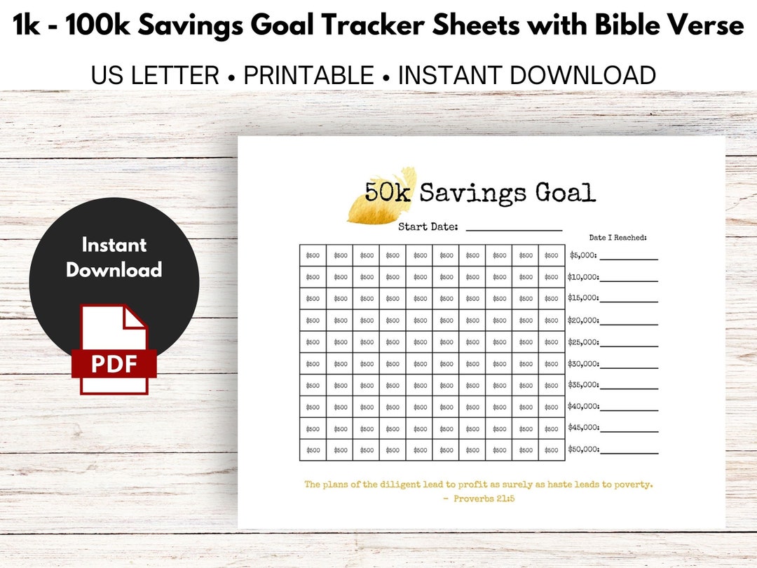 Savings Goal Tracker With Bible Verse - 1k, 5k, 10, 20k, 30k, 40k, 50k ...