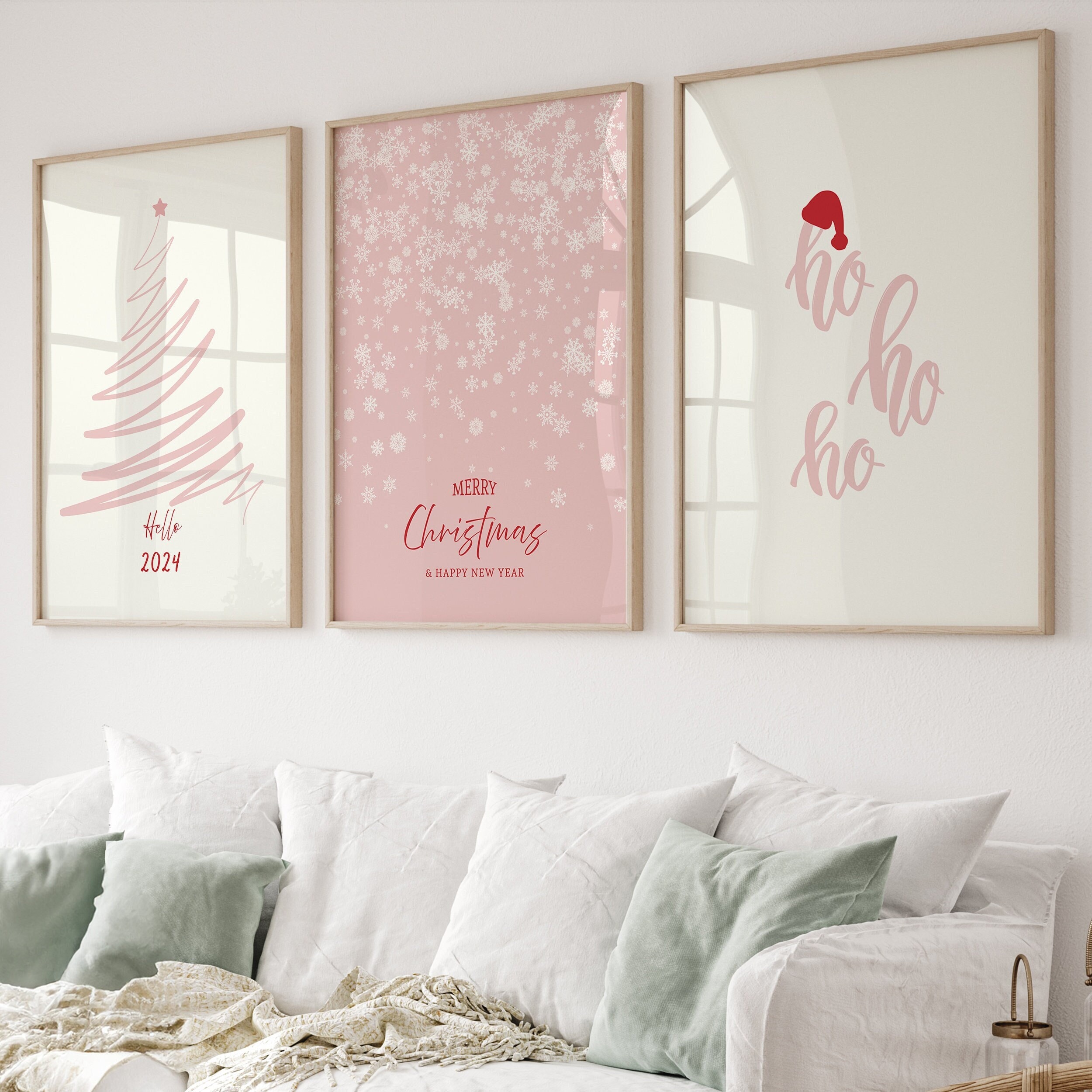 Christmas Printable Pink Wall Art Set of 3, Danish Pastel, Merry ...