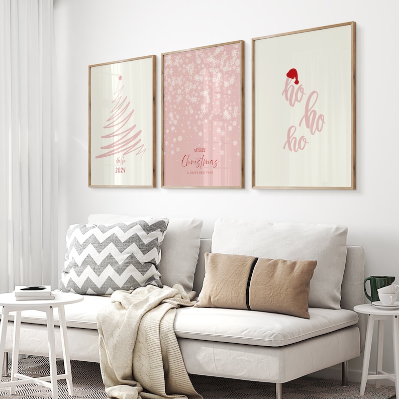 Christmas Printable Pink Wall Art Set of 3, Danish Pastel, Merry ...