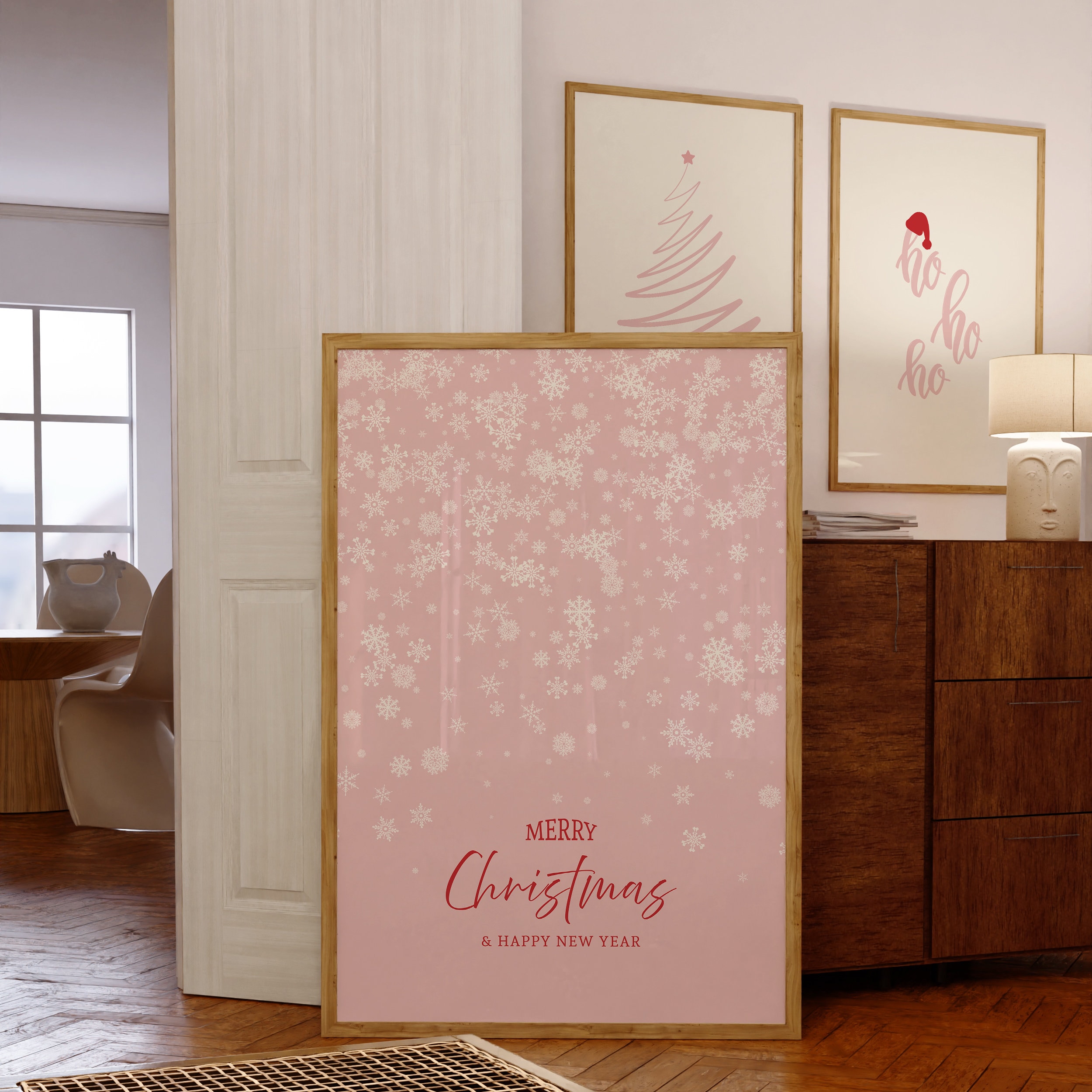 Christmas Printable Pink Wall Art Set of 3, Danish Pastel, Merry ...