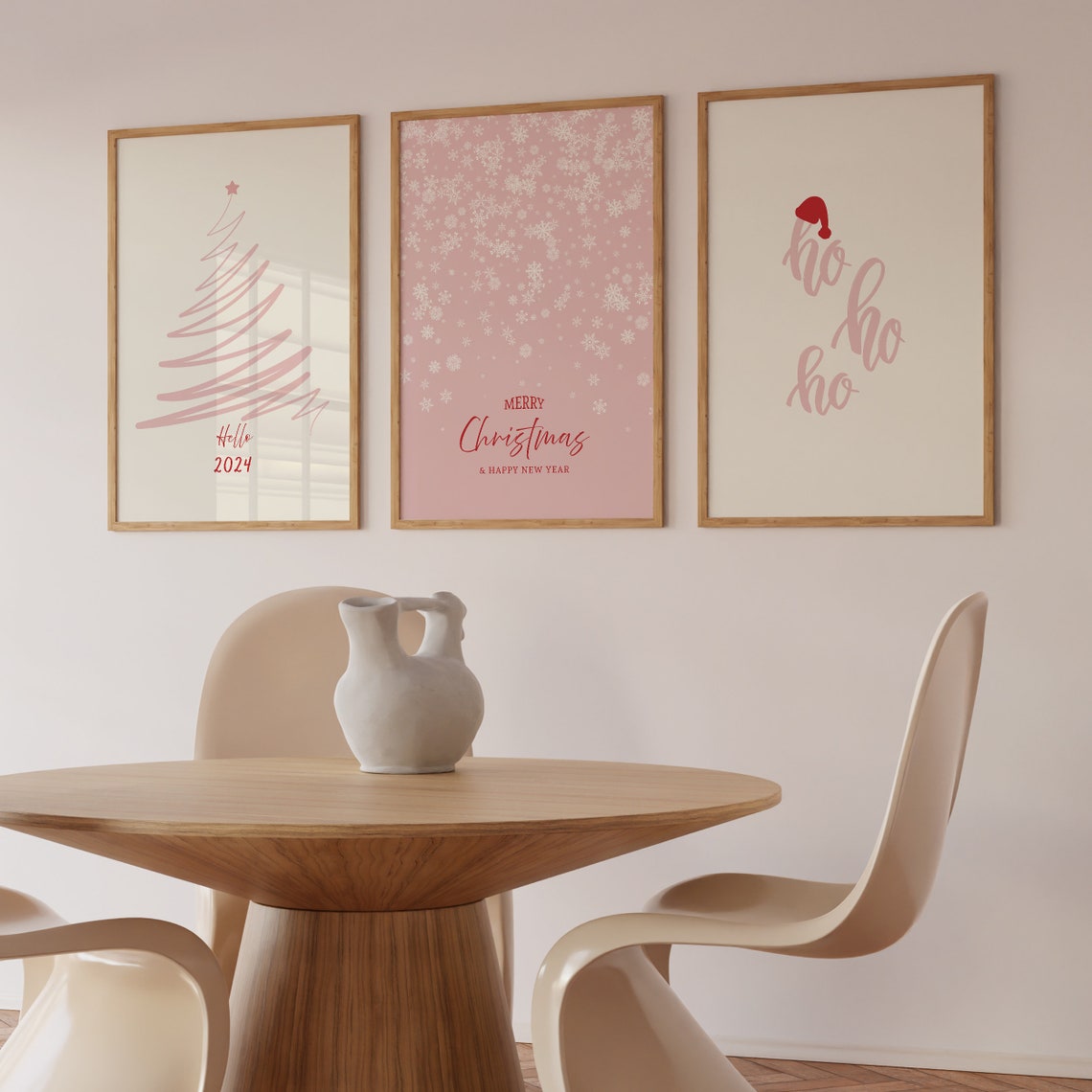 Christmas Printable Pink Wall Art Set of 3, Danish Pastel, Merry ...