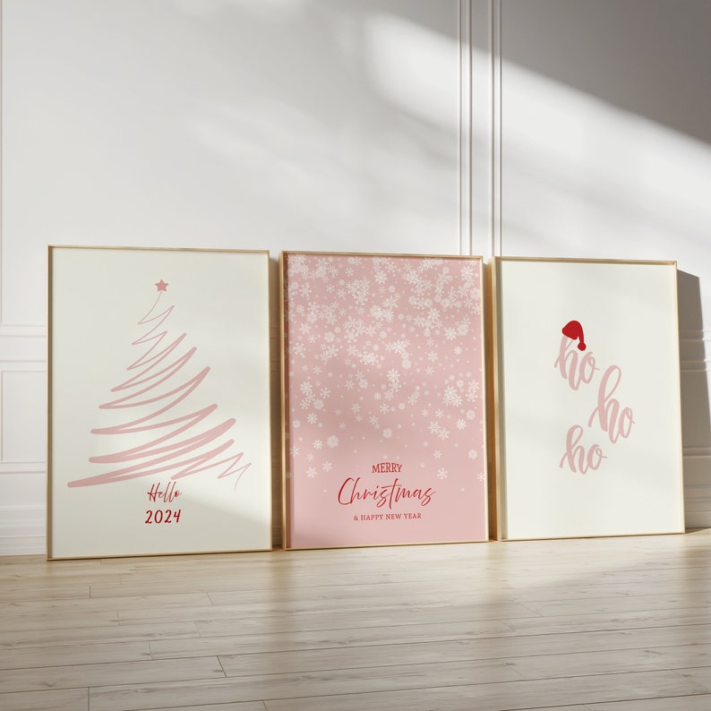 Christmas Printable Pink Wall Art Set of 3, Danish Pastel, Merry ...