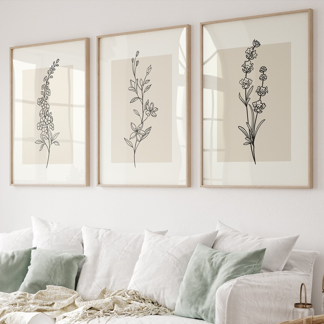 Flower Posters Gallery Wall Art Set of 3 Print, Minimalist Flower Line ...