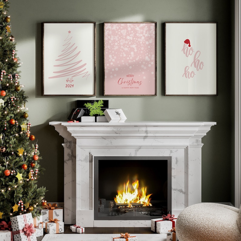 Christmas Printable Pink Wall Art Set of 3, Danish Pastel, Merry ...