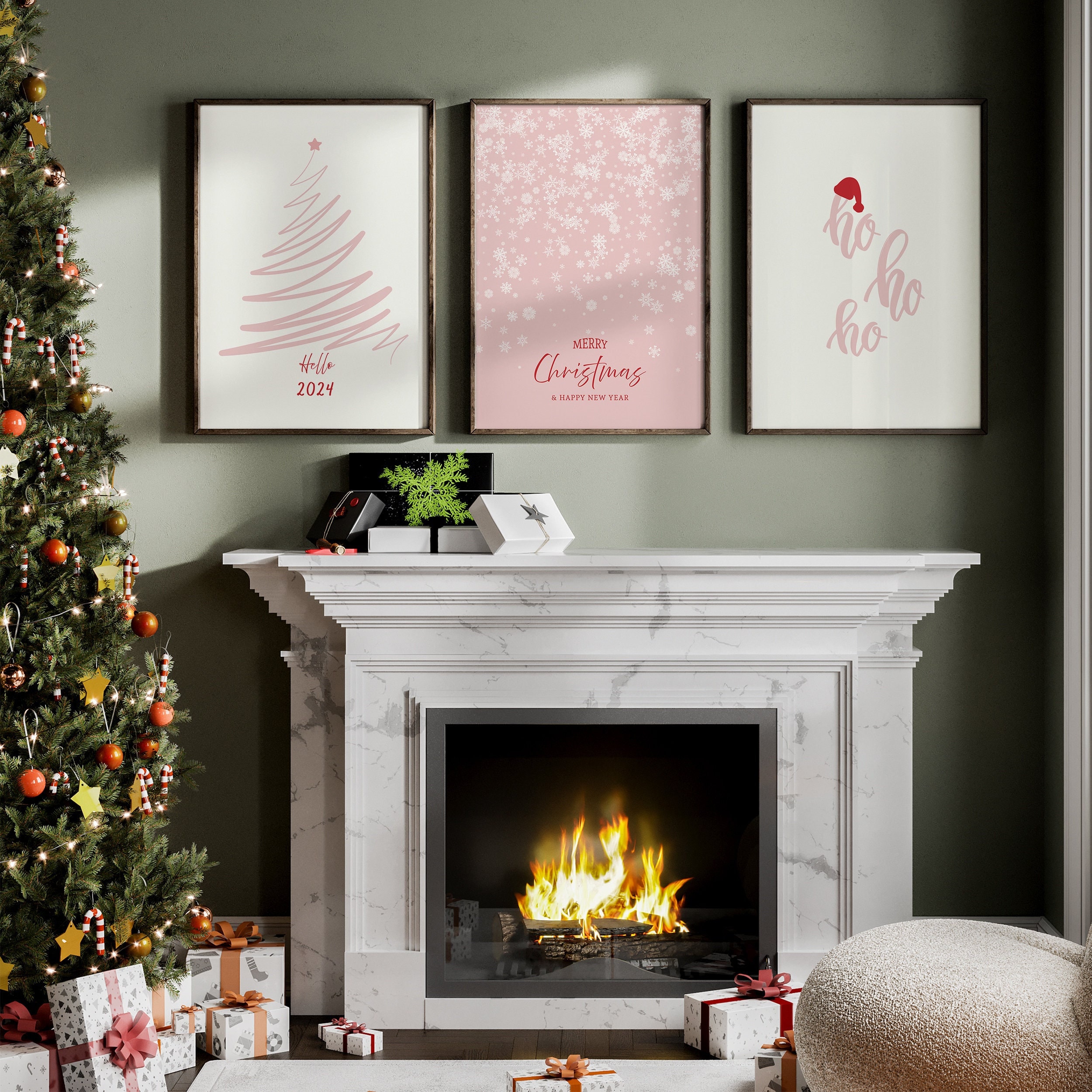 Christmas Printable Pink Wall Art Set of 3, Danish Pastel, Merry ...