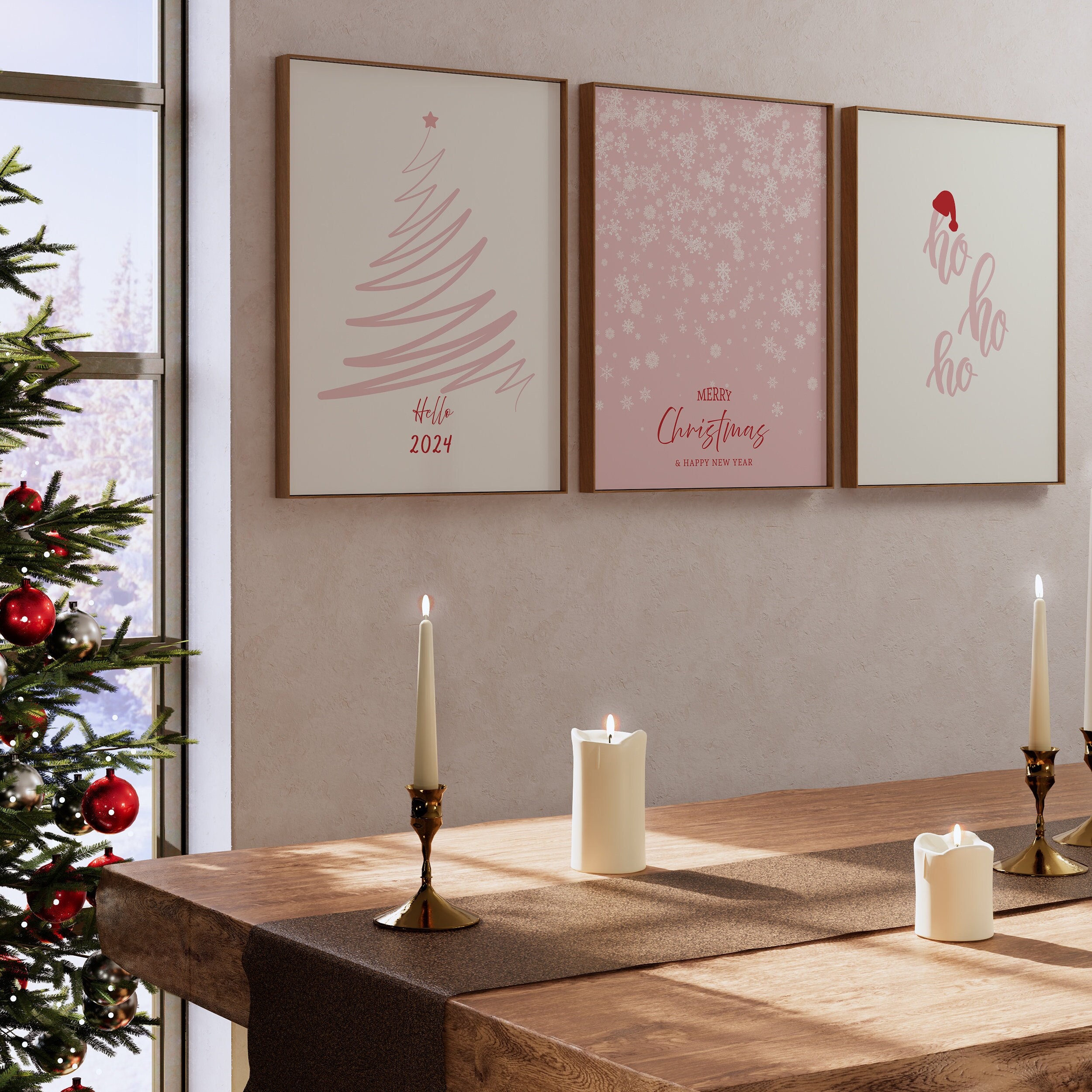 Christmas Printable Pink Wall Art Set of 3, Danish Pastel, Merry ...
