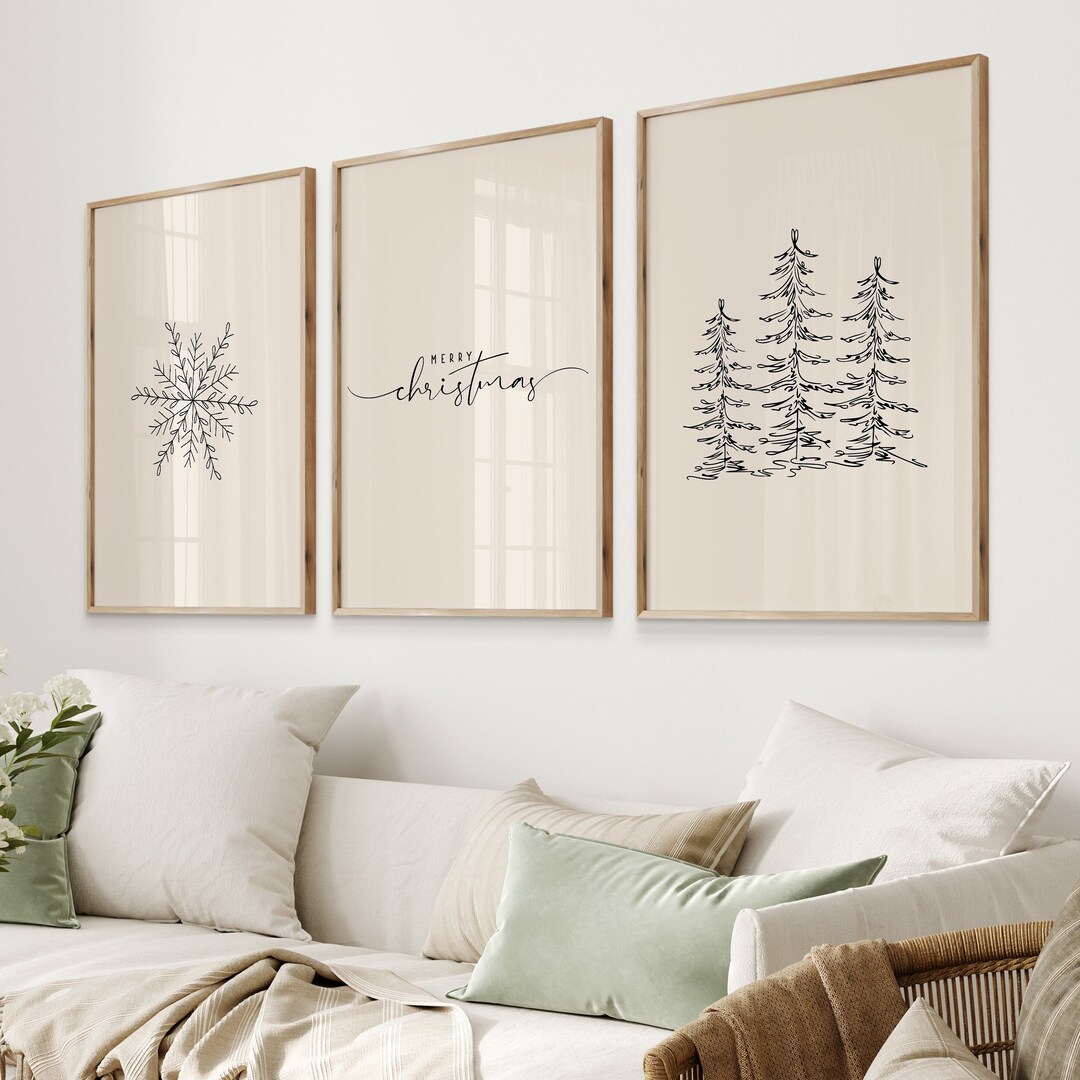 Christmas Poster Set of 3, Merry Christmas Prints, Line Wall Art, Black ...