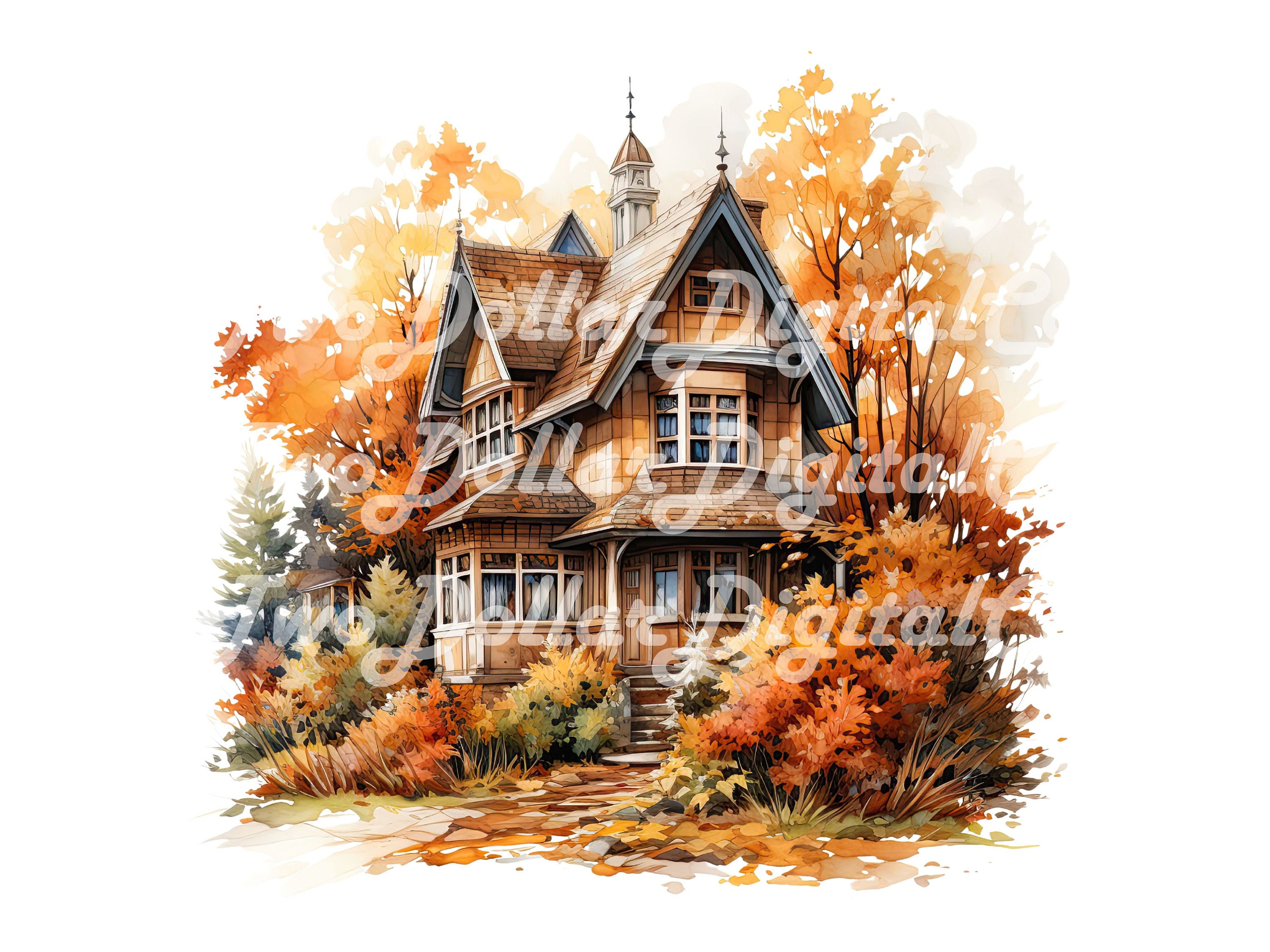 Fall House Clip Art / Watercolor Illustrations, Autumn Leaves - Etsy