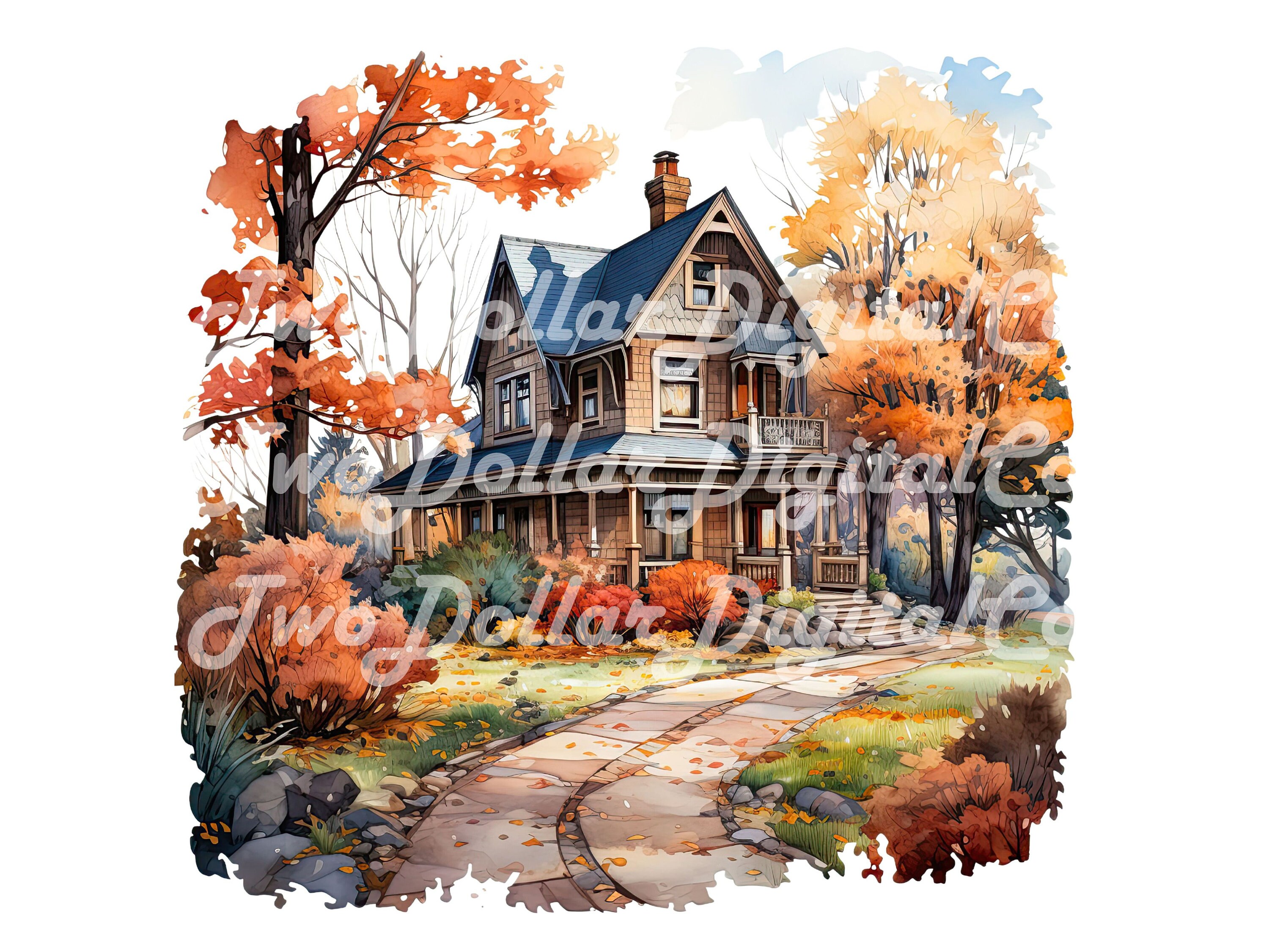 Fall House Clip Art / Watercolor Illustrations, Autumn Leaves - Etsy