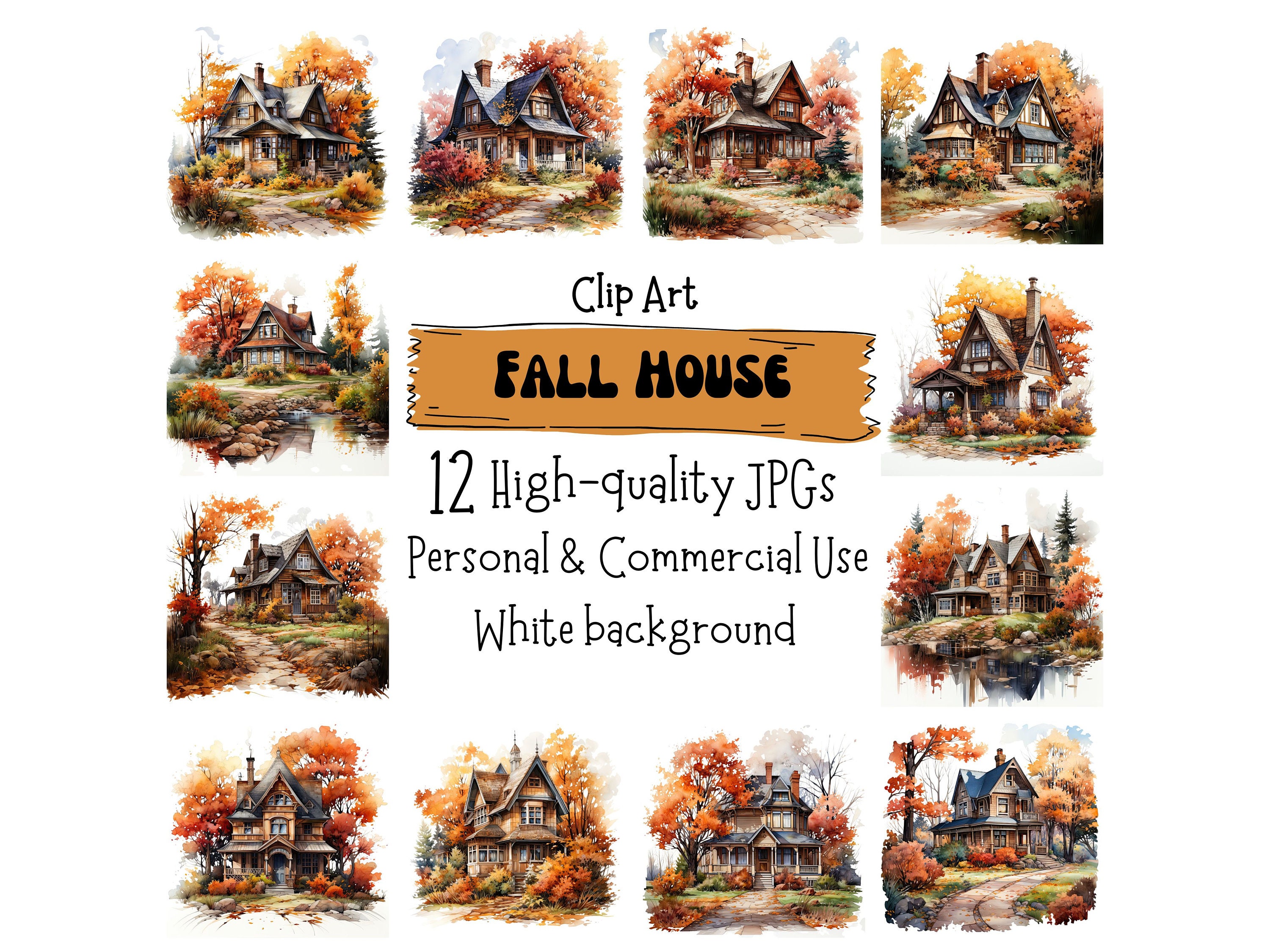 Fall House Clip Art / Watercolor Illustrations, Autumn Leaves - Etsy