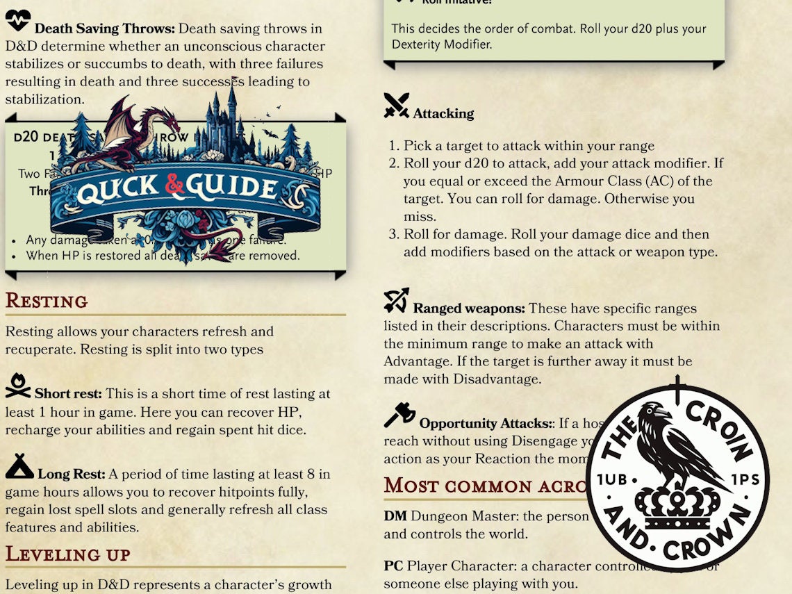 Printable D&D Quick Guide New Player Cheat Sheet Quick - Etsy