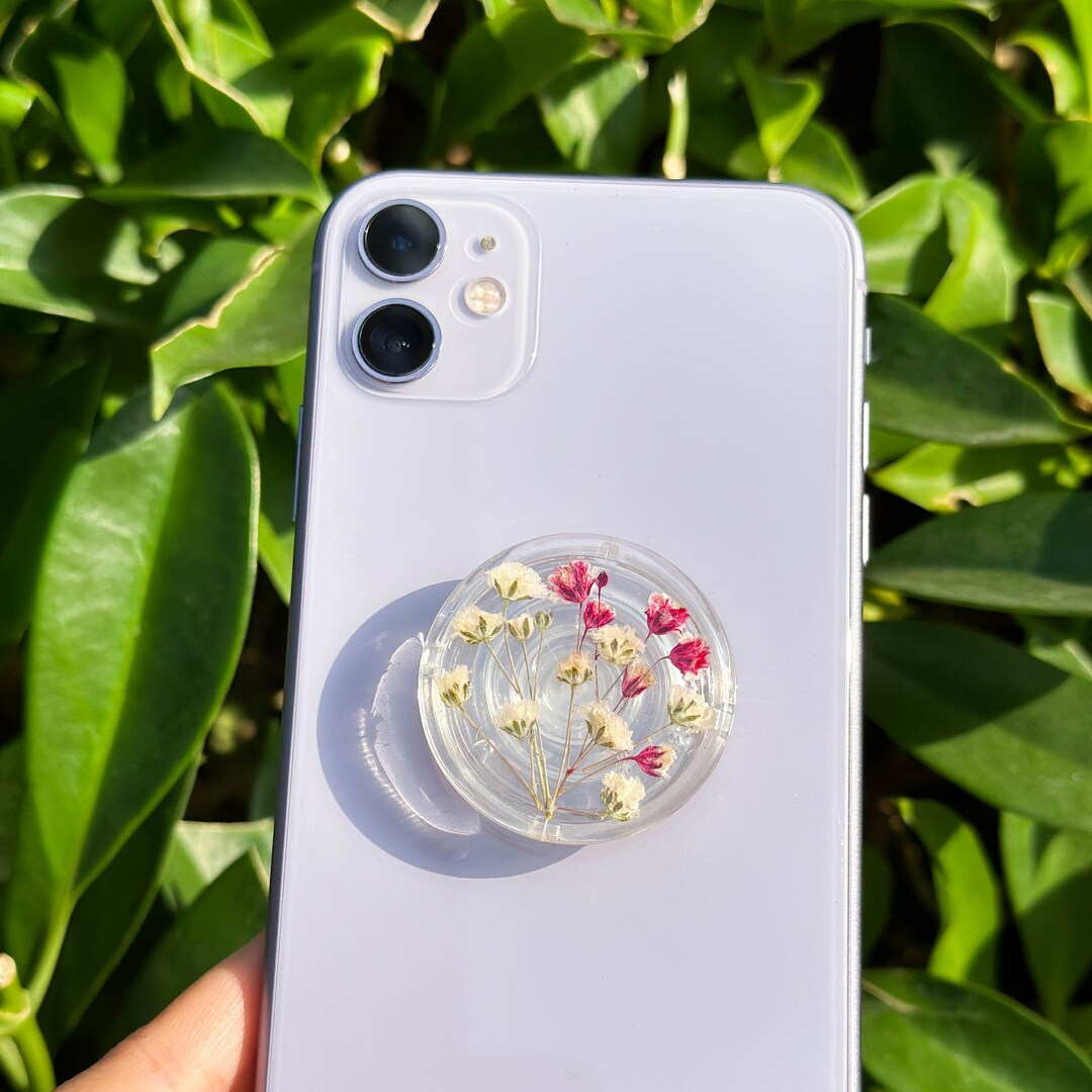 Handmade Pink and White Baby's Breath Phone Grip, Pressed Flower Phone ...