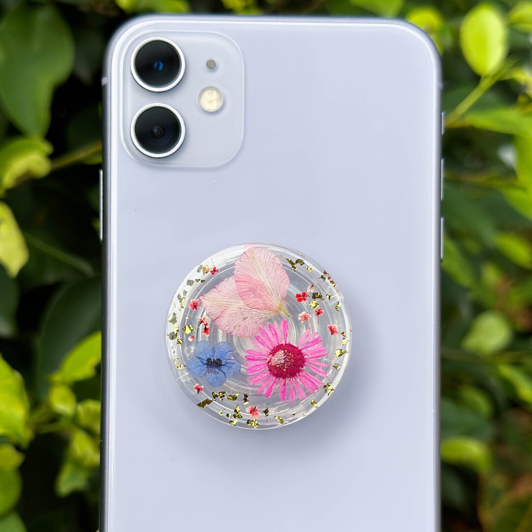 Handmade Forget Me Not Real Flower Phone Grip Holder, Gold Foil Dried ...