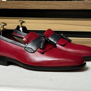 Red Wing Tip Leather Brogue Tassel Loafers for Men – Two-tone Formal ...