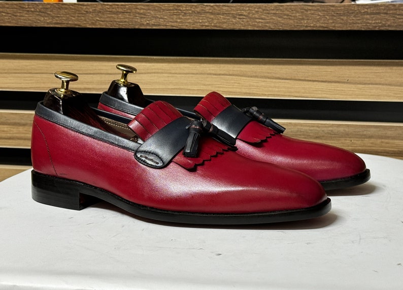 Handmade Red Wing Tip Leather Brogue Tassel Loafers for Men – Two-tone ...