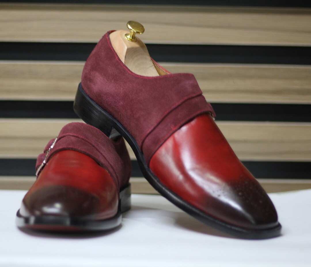 Handmade Double Monk Brogue Toe Shoes, Leather Burgundy/red Shoes for ...