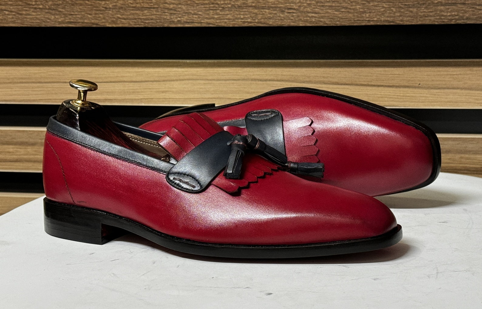 Handmade Red Wing Tip Leather Brogue Tassel Loafers for Men – Two-tone ...