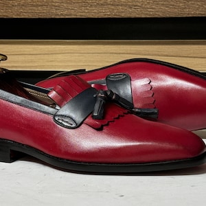 Red Wing Tip Leather Brogue Tassel Loafers for Men – Two-tone Formal ...