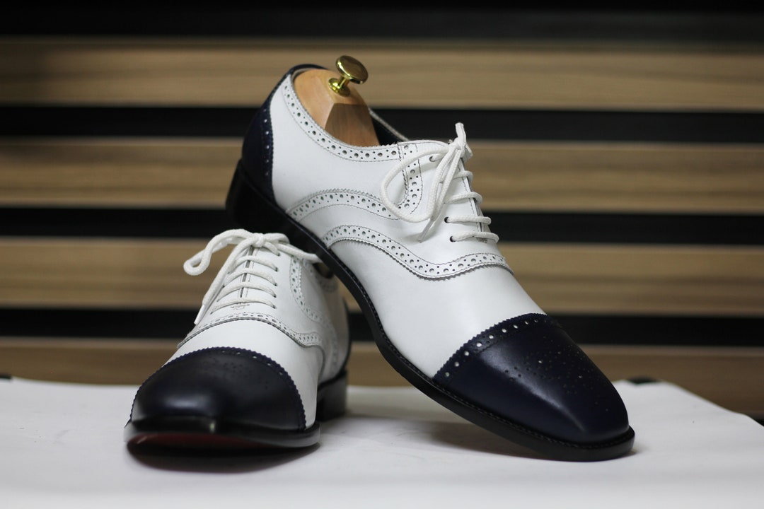 Handmade Black & White Cap Toe Brogue Lace-up Shoes: Goodyear Welted ...