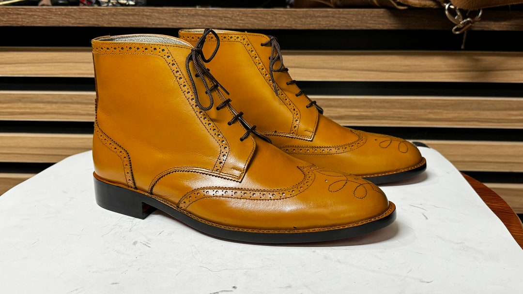 Handmade Tan Leather Wingtip Boots for Men - Stylish Brogue Ankle Boots ...
