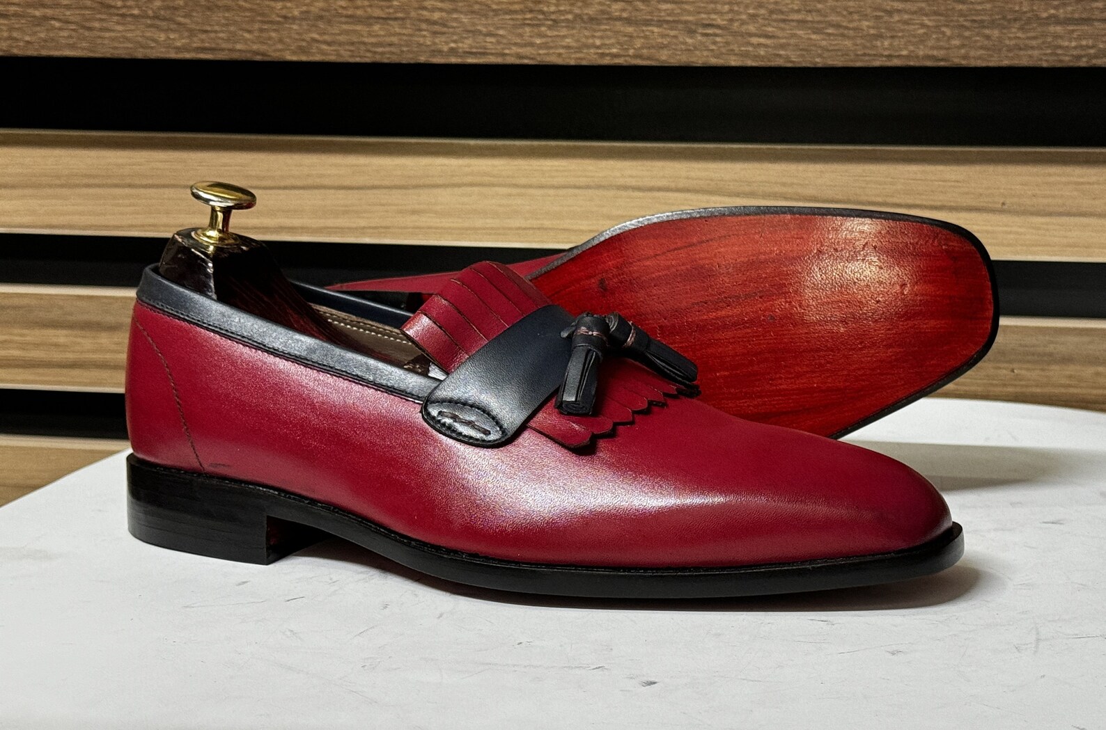 Handmade Red Wing Tip Leather Brogue Tassel Loafers for Men – Two-tone ...