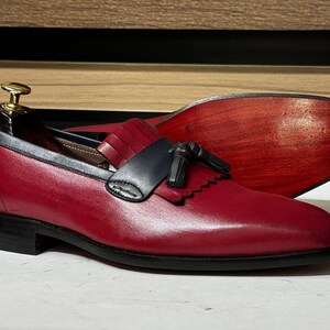Handmade Red Wing Tip Leather Brogue Tassel Loafers for Men – Two-tone ...
