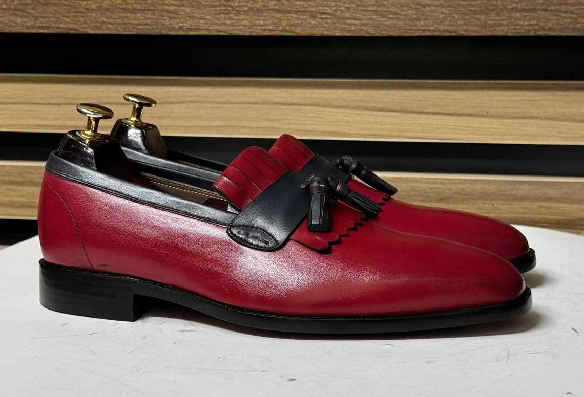 Handmade Red Wing Tip Leather Brogue Tassel Loafers for Men – Two-tone ...