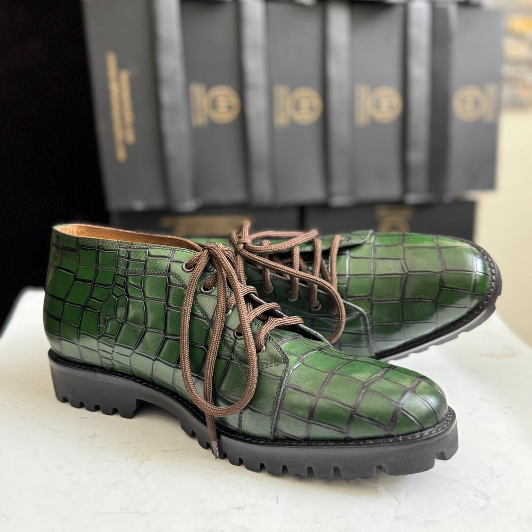 Green Alligator Textured Leather Boots - Lace-up Design, Rubber Sole ...