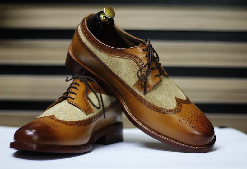 Handmade Brown Wing Tip Brogue Oxford Two Tone Leather & Suede Boots ...