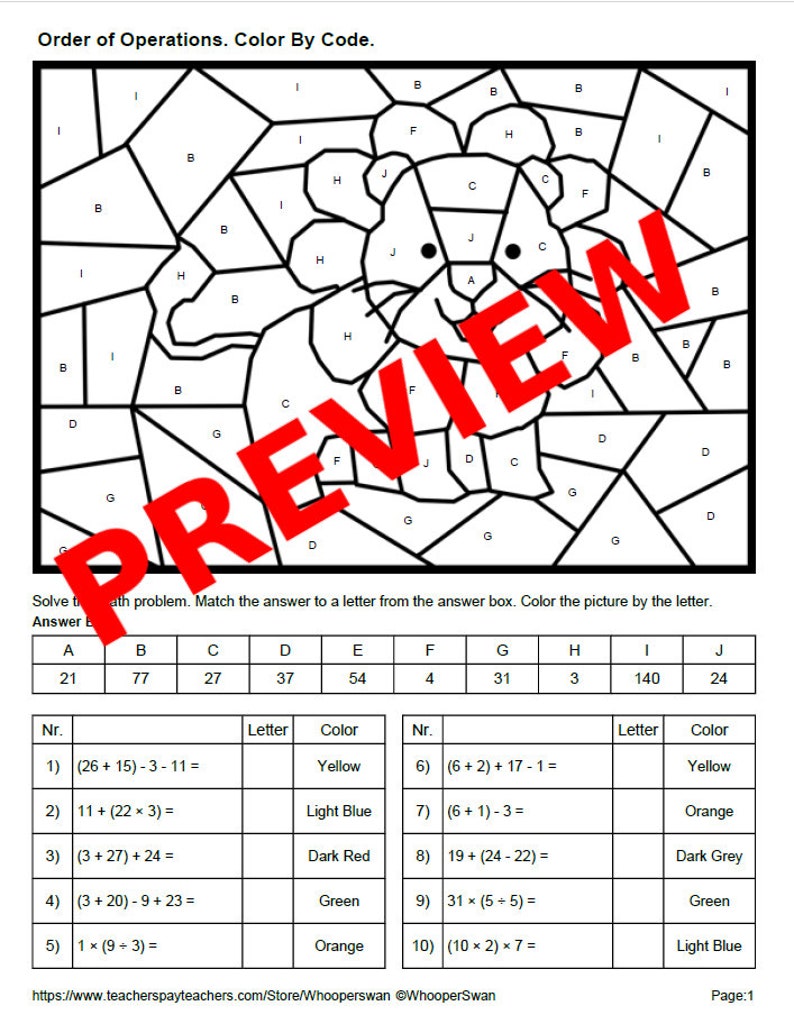 Order of Operations Coloring Worksheets Color by Code PDF Digital ...