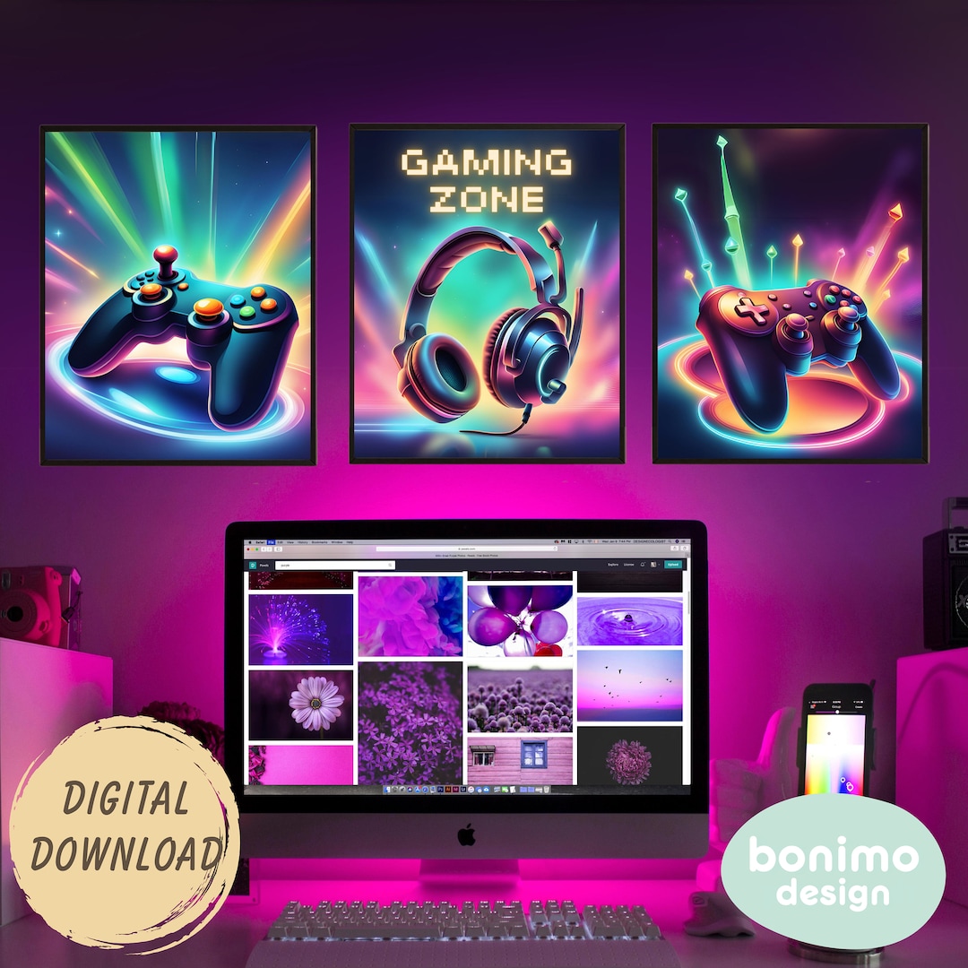 Set of 3 Neon Gaming Posters DIGITAL DOWNLOAD Gamer Wall Art Prints for ...