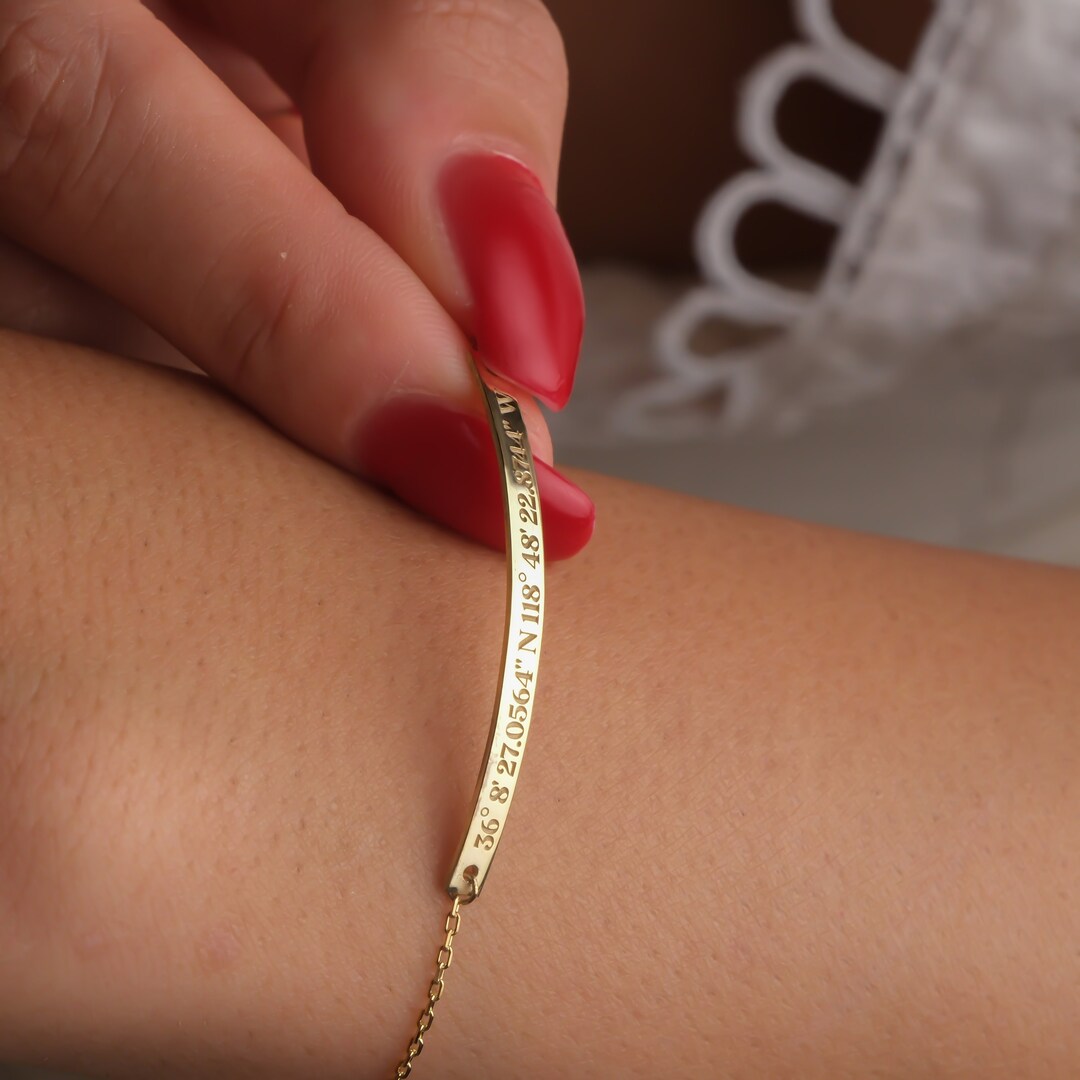 Personalized 14K Solid Gold Bar Bracelet, Dainty Number Bracelet ...