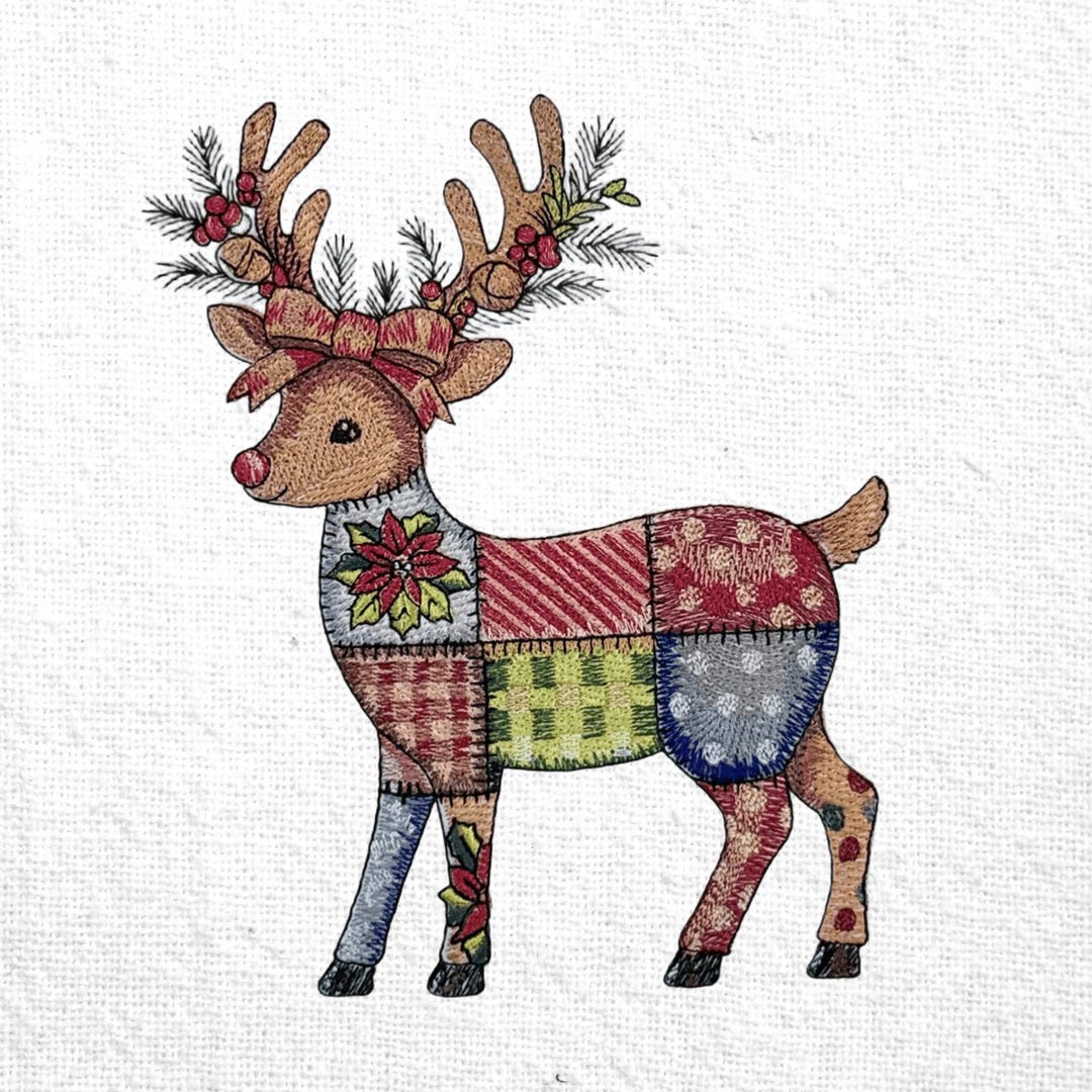 Christmas Patchwork Reindeer Embroidery Design Winter Reindeer ...