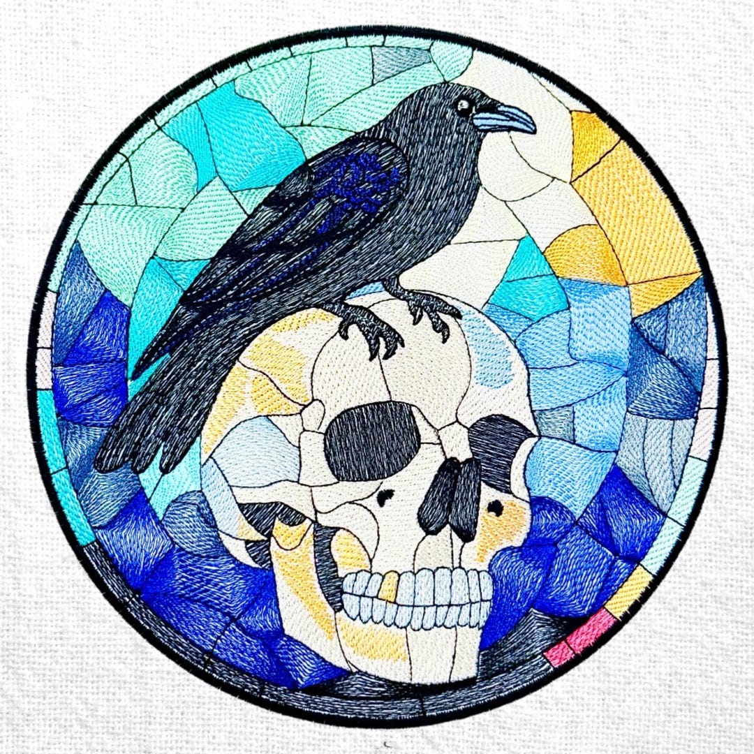 Stained Glass Raven Embroidery Design Raven on Skull Embroidery Pattern ...