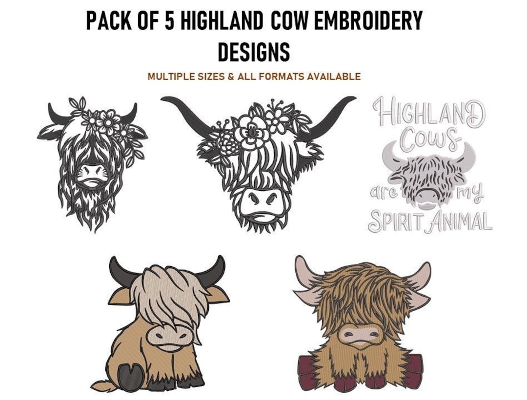 Highland Cow Machine Embroidery Design Pack of Five Highland Cow ...