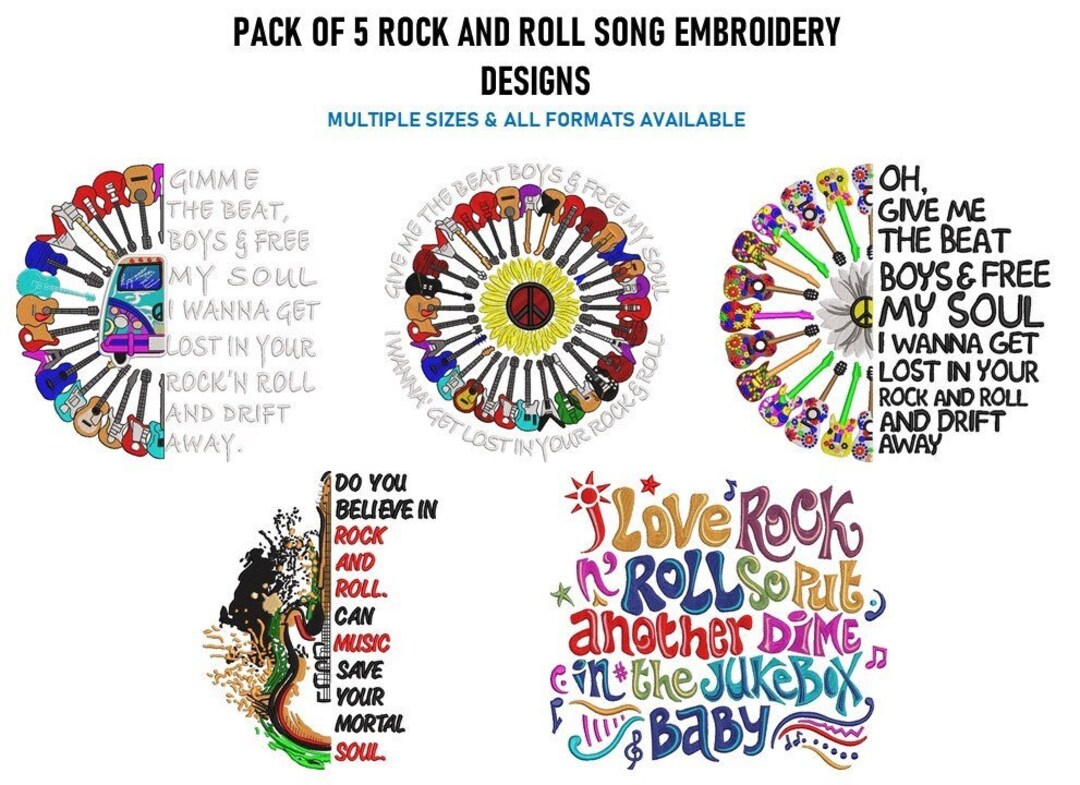 Rock and Roll Song Machine Embroidery Design Pack of Five Rock and Roll ...
