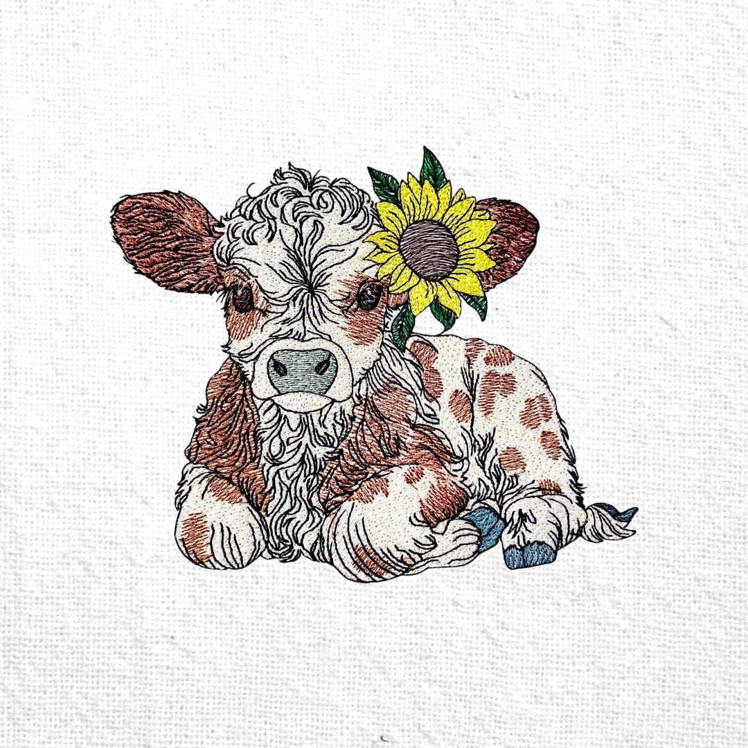 Baby Highland Cow Machine Embroidery Design Cow With Sunflower ...