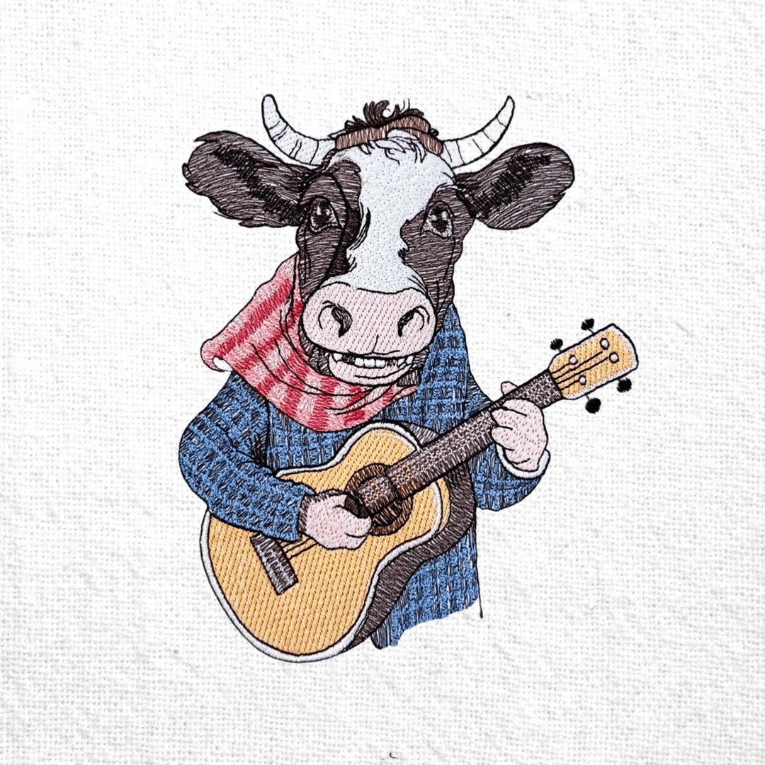 Cow Playing Guitar Embroidery Design Barnyard Cow Embroidery Farmhouse ...