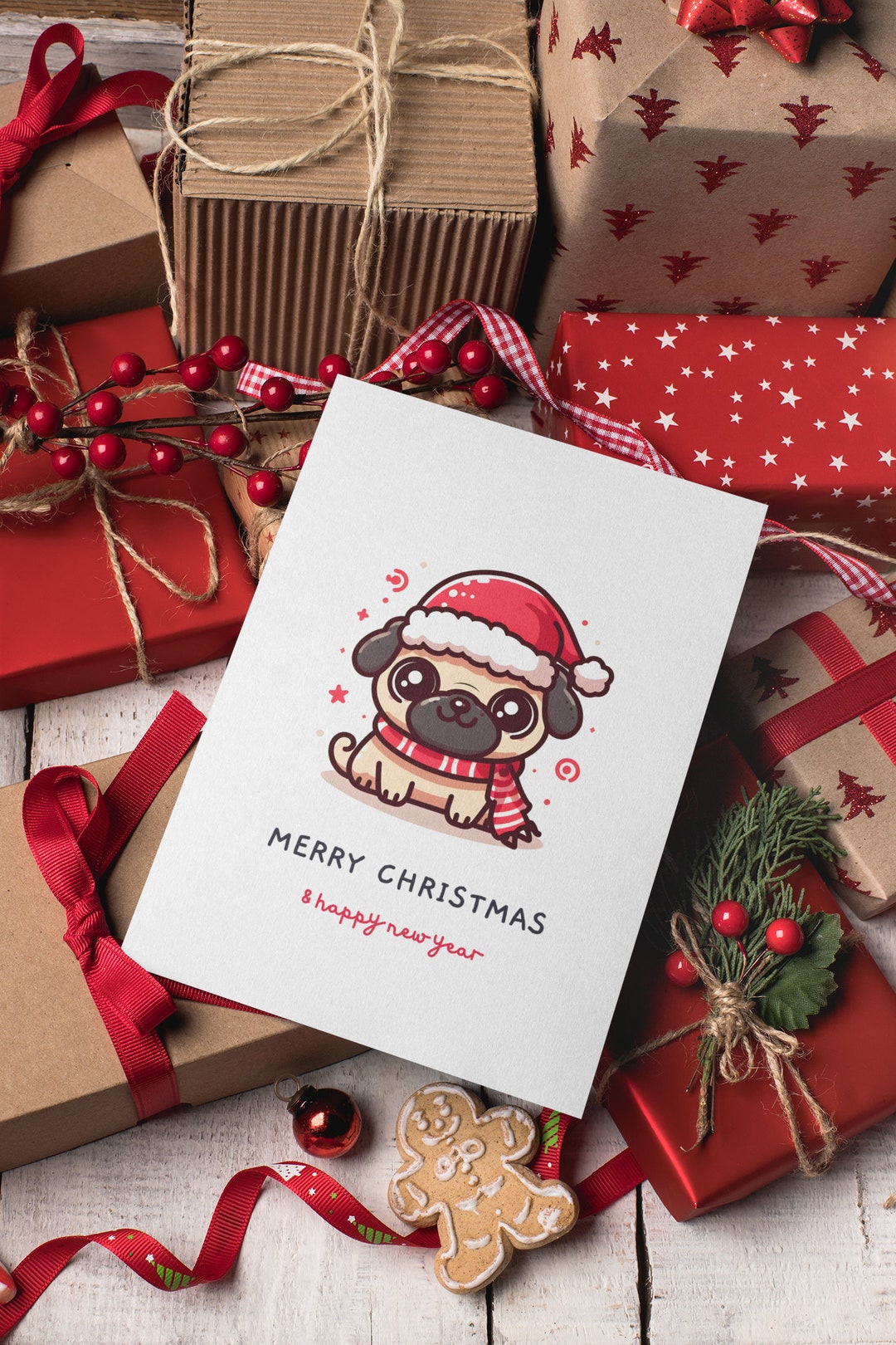 Cute Pug Christmas Card Print at Home Pug Clipart Pug Png - Etsy