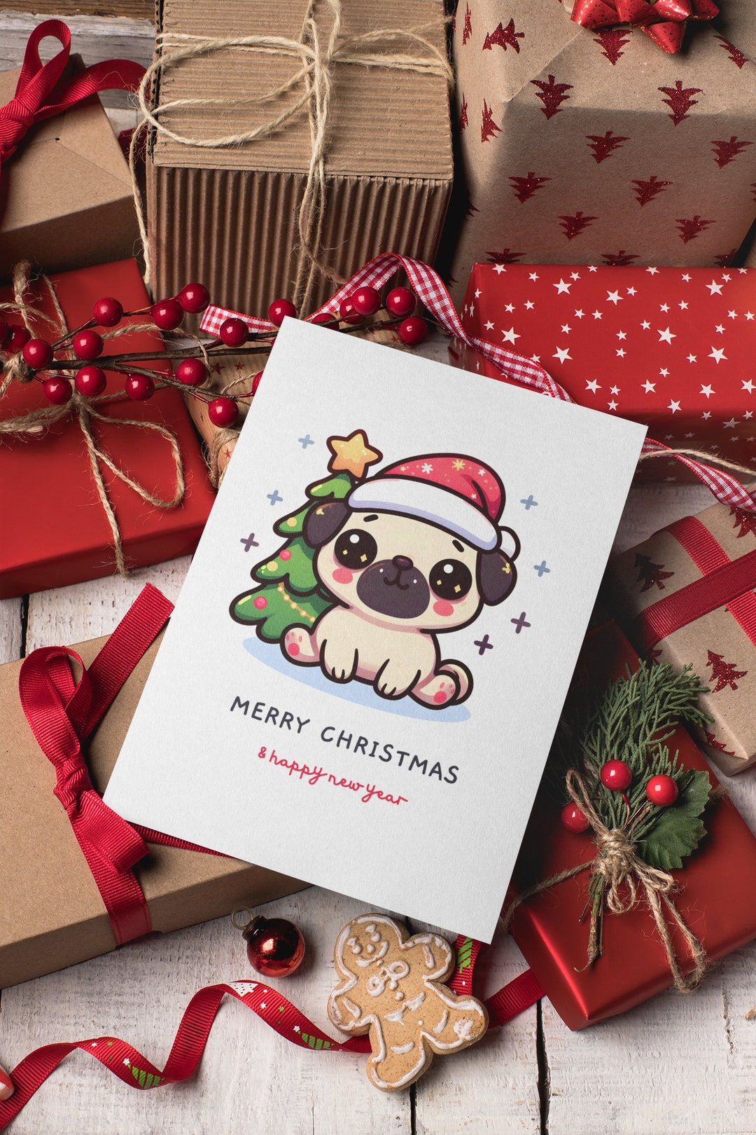Cute Pug Christmas Card Print at Home Pug Clipart Pug - Etsy UK
