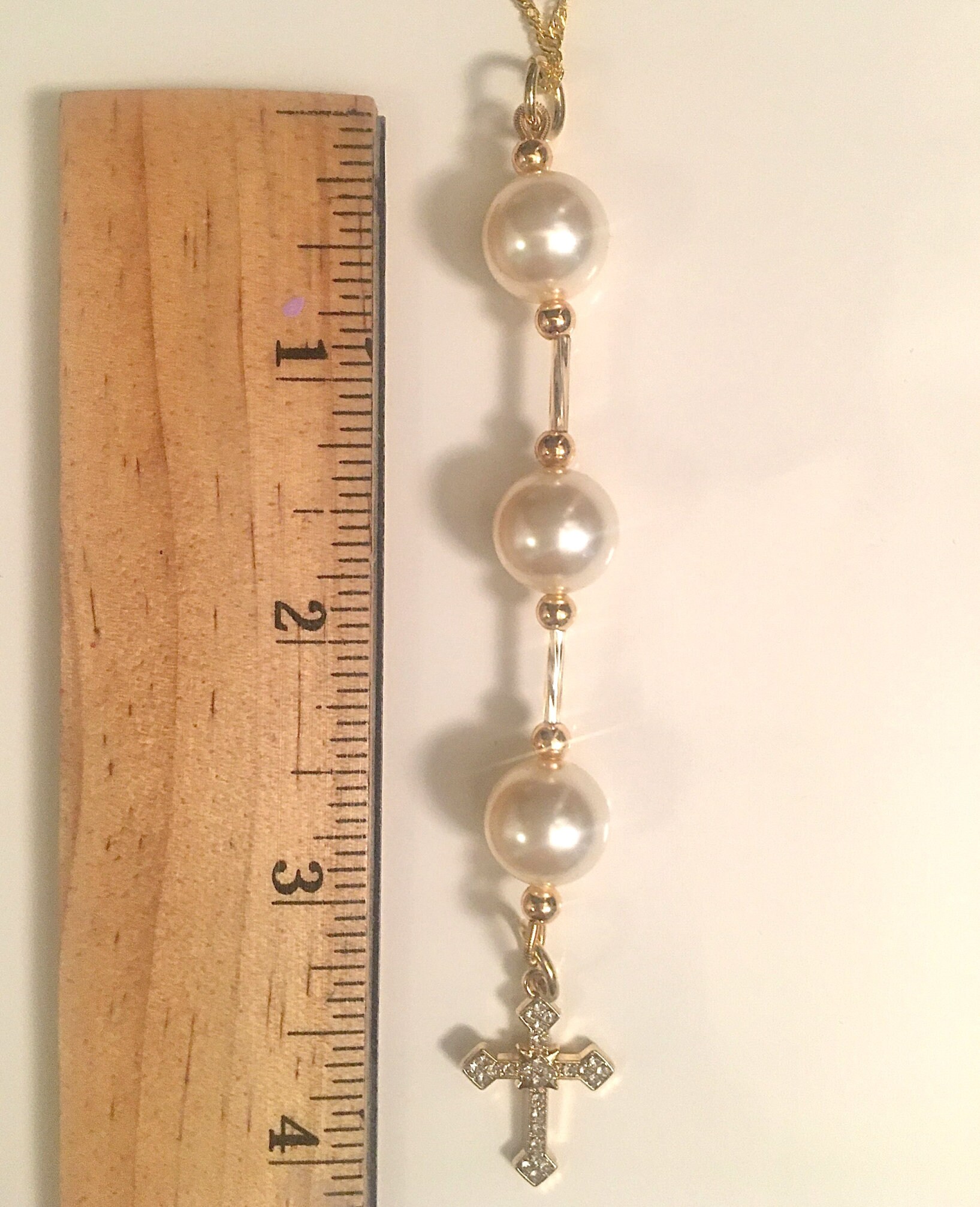 Cross Blessing Pearls Necklace, Creamy White Crystal Pearls, Gold ...